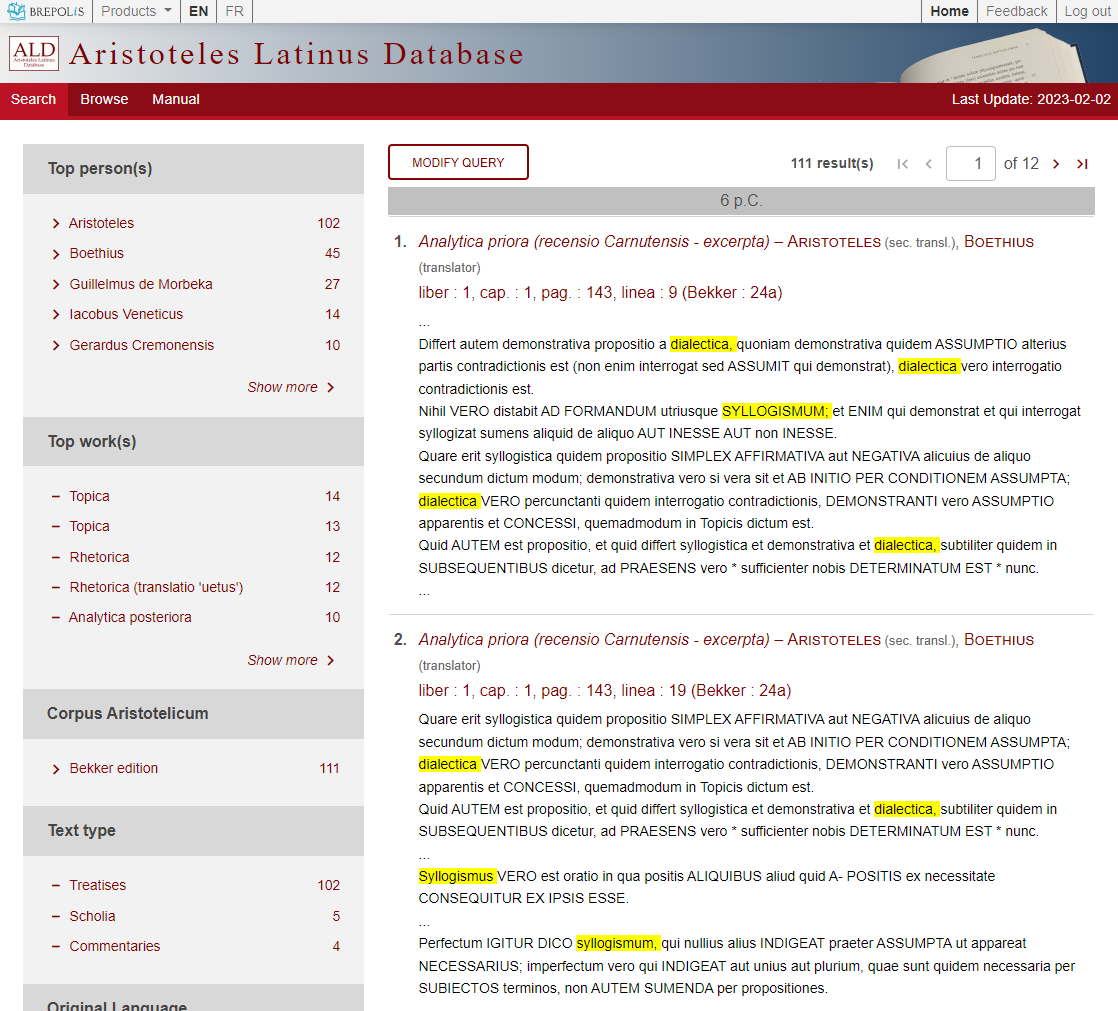 Aristoteles Latinus Database | About Brepolis