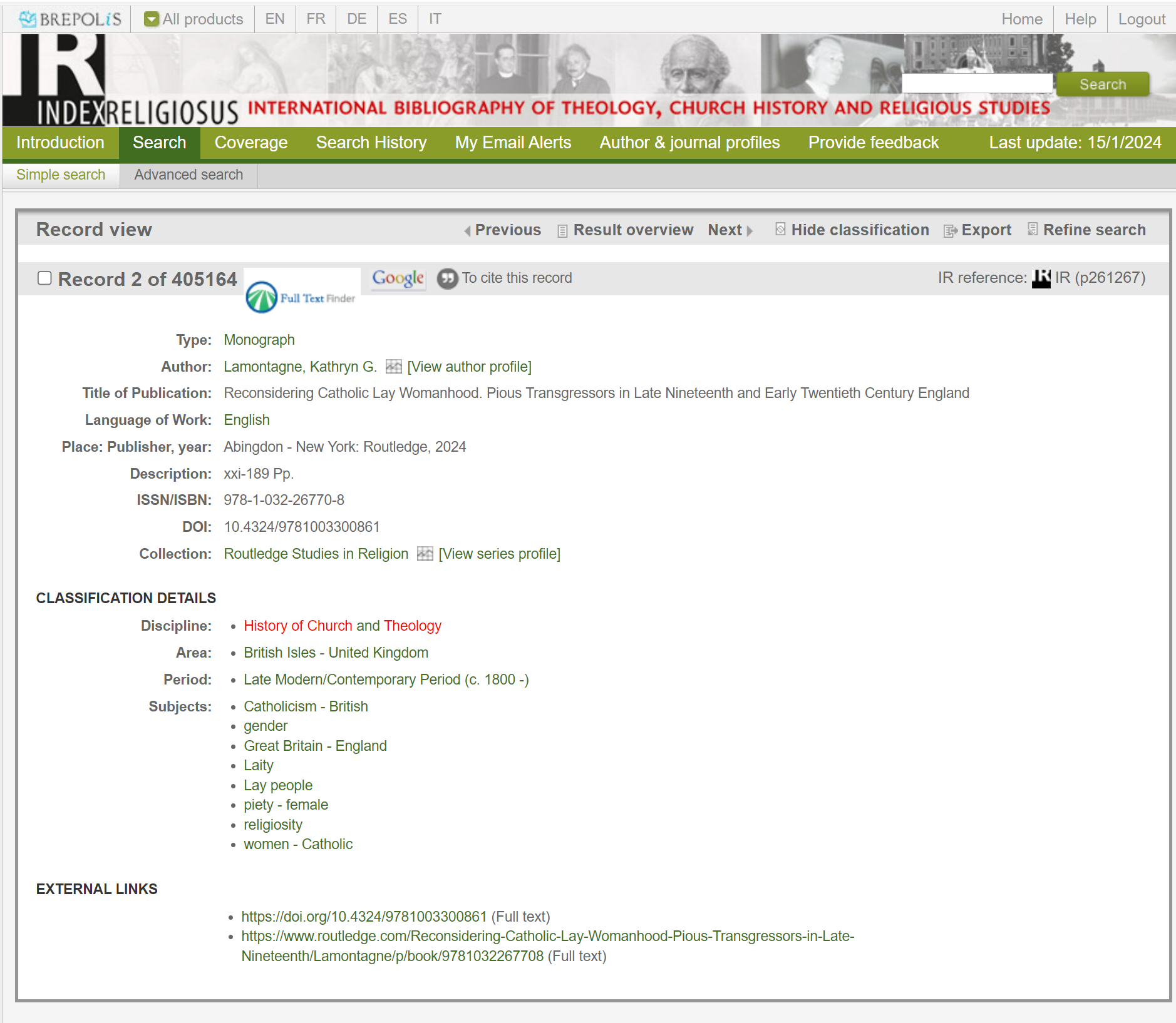 Index Religiosus has been updated | About Brepolis